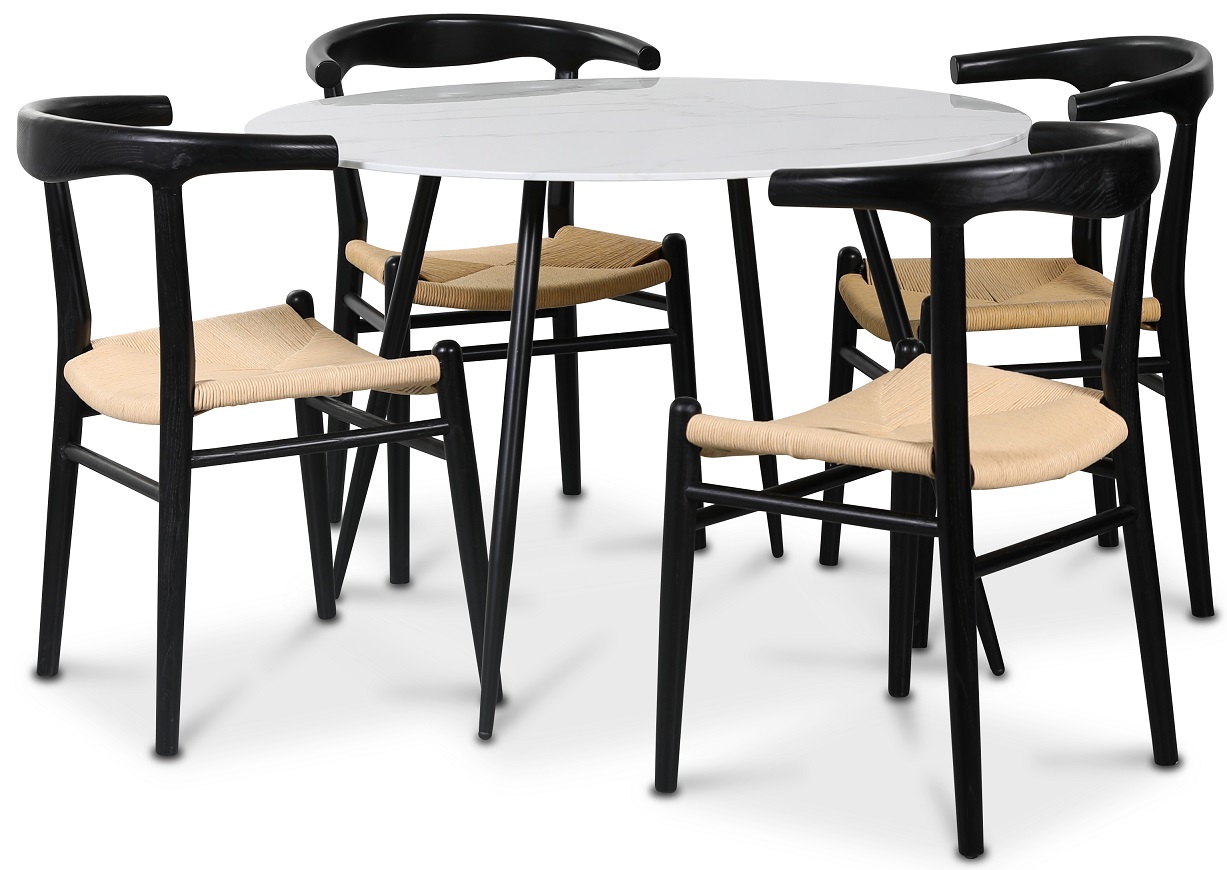 Groupe de repas Berit, table ronde 110 cm + 4 chaises Berit noires ...