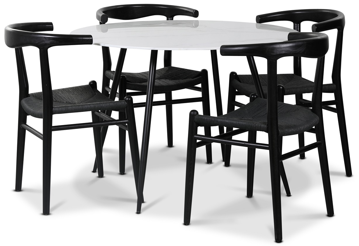 Groupe de repas Berit, table ronde 110 cm + 4 chaises Berit noires ...